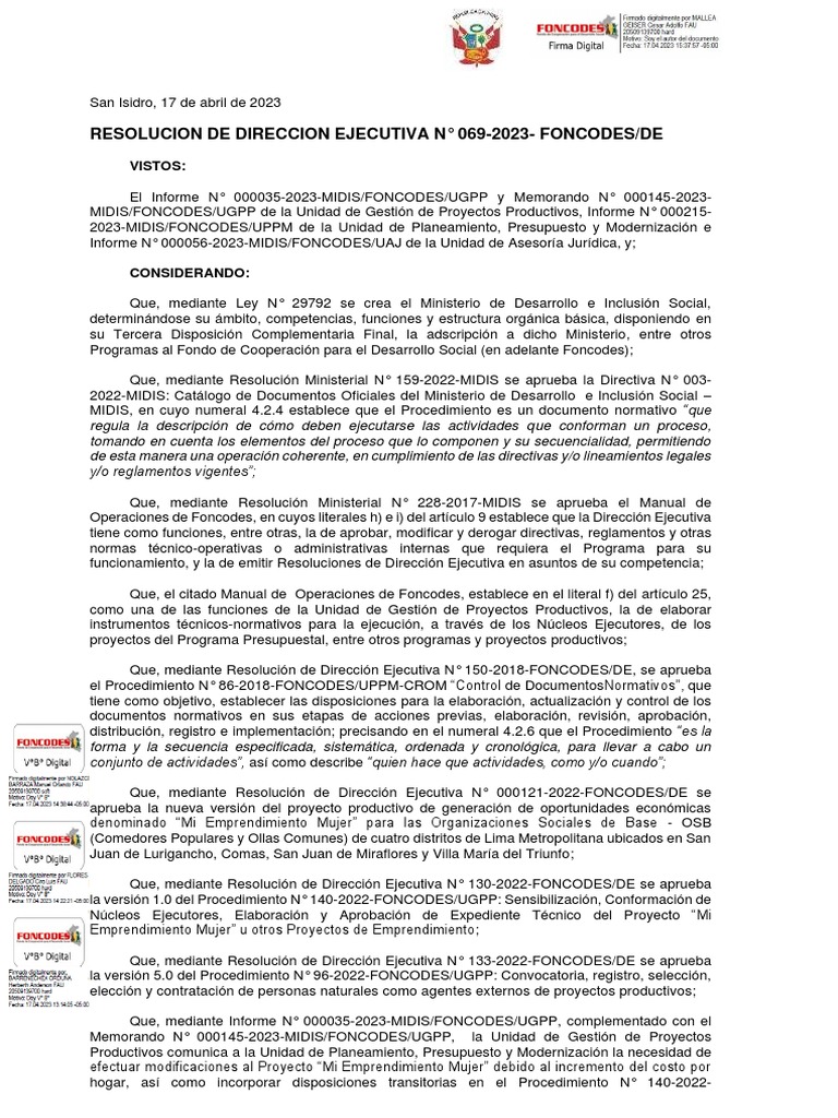 Rde #069-2023-Foncodes-De | PDF | Lima | Iniciativa empresarial