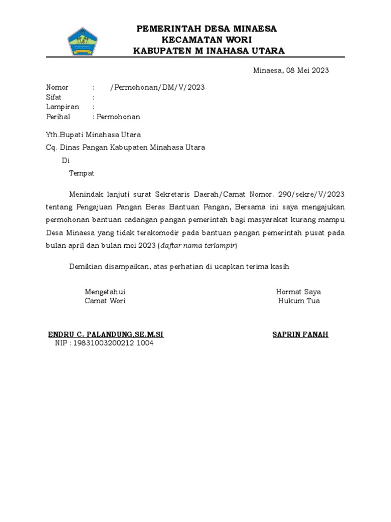 Surat Permohonan Bantuan Beras Pangan Pemerintah Desa Minaesa | PDF