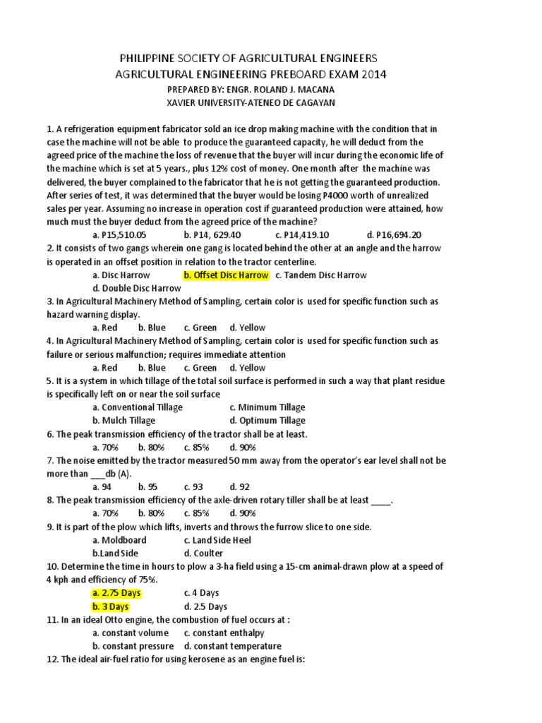 Agricultural Engineering Exam Questions | PDF | Internal Combustion ...