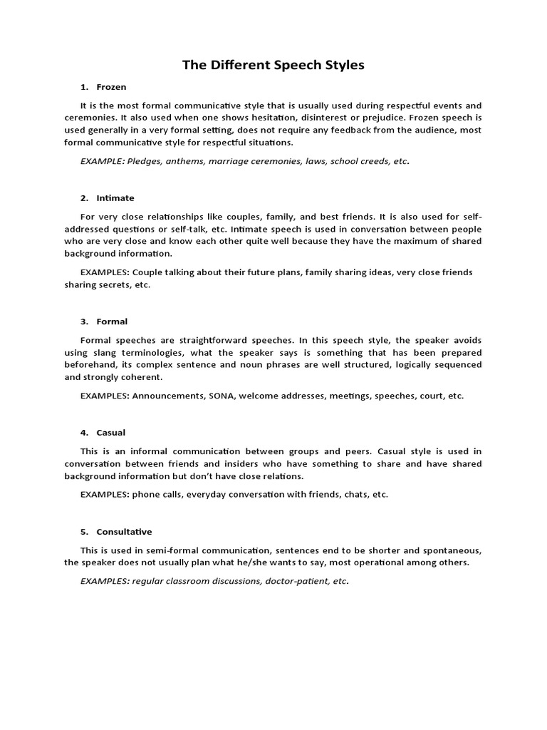 The Different Speech Styles | PDF | Conversation | Cognition