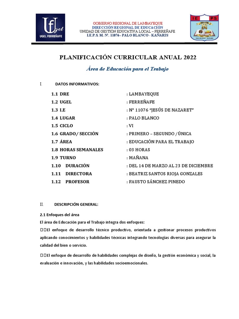 PLANIFICACIÓN ANUAL - EPT 1ro y 2do PALO BLANCO - 2022 | PDF | Evaluación | Aprendizaje
