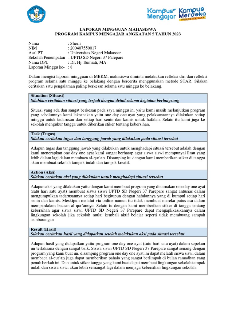 Laporan Minggu Ke 8 Sherli Uptd SD Negeri 37 Parepare | PDF | Karier & Perkembangan