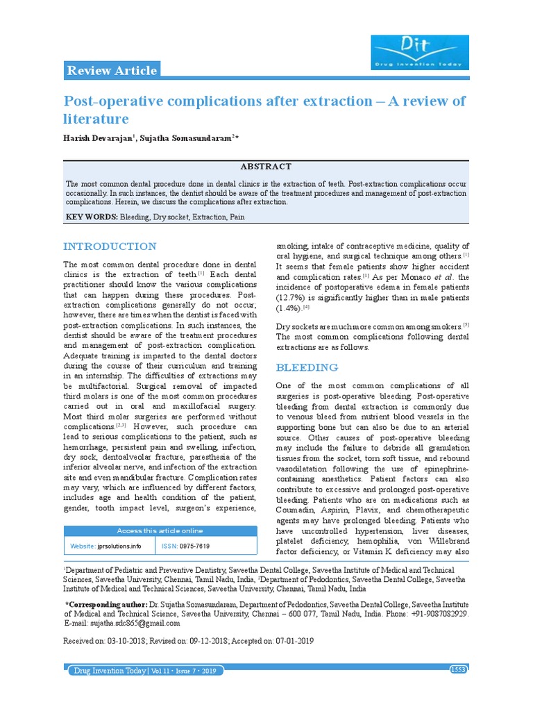 Post-Operative Complications After Extraction - A Review of Literature ...