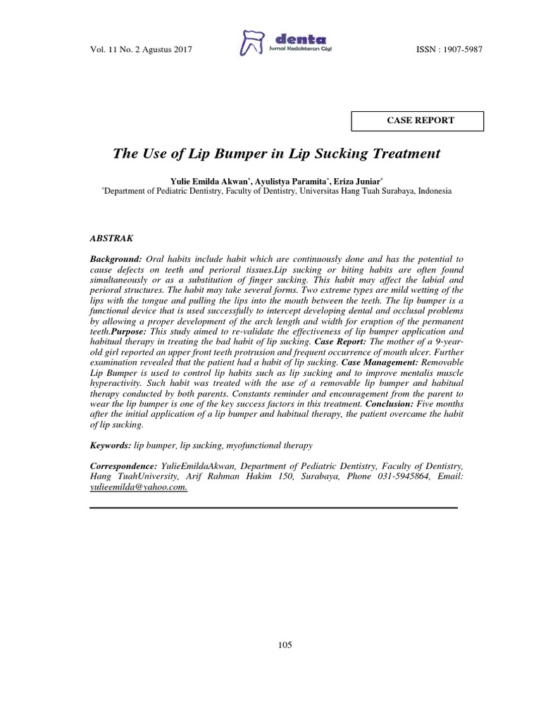 The Use of Lip Bumper in Lip Sucking Treatment: Vol. 11 No. 2 Agustus ...