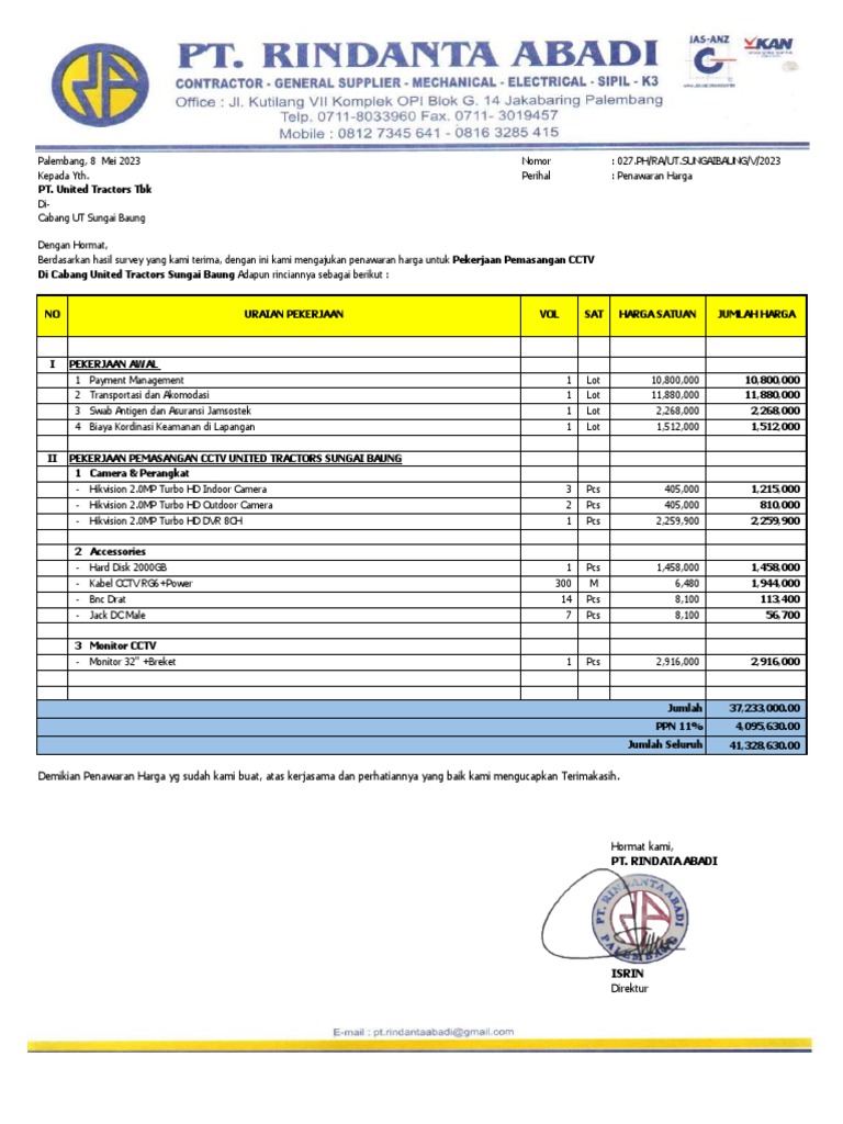 Penawaran Pek, Pemasangan CCTV UT Sungai Baung | PDF
