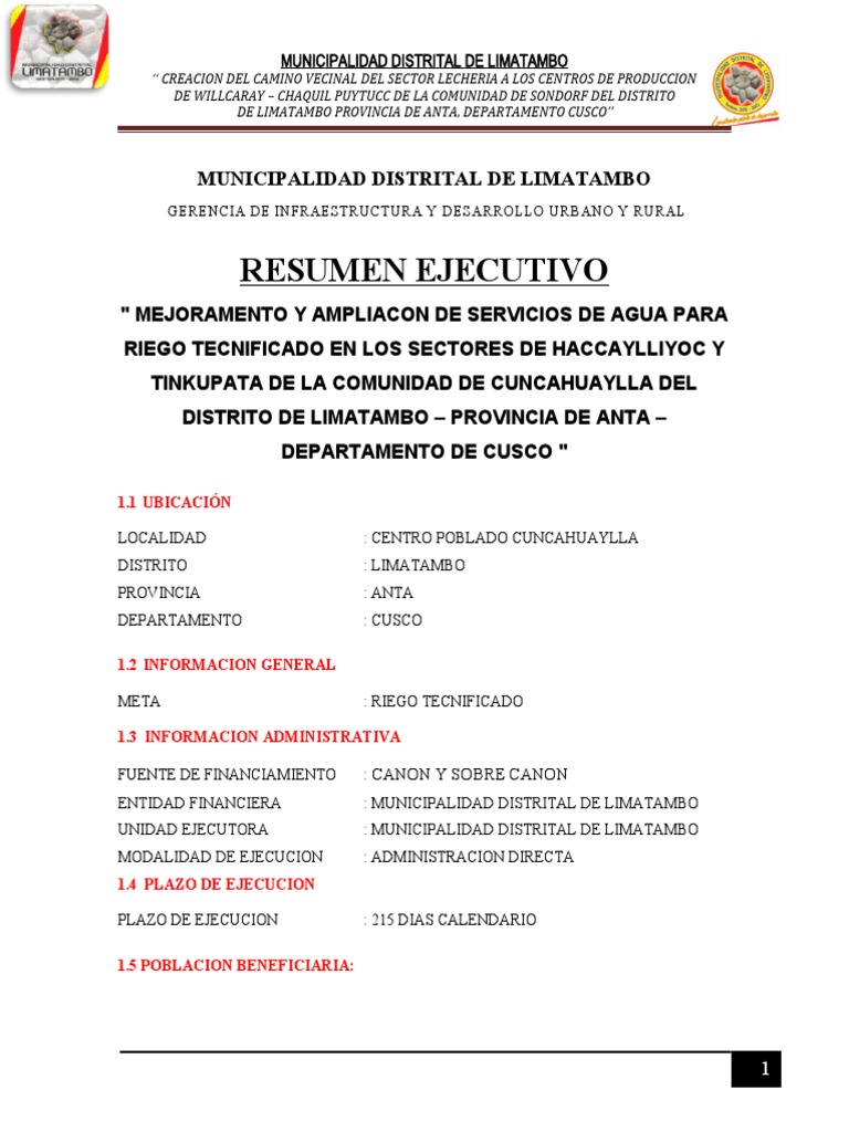 Cuncahuaylla - Resumen Ejecutivo | PDF | Ingeniería de Edificación | Administracion del Agua