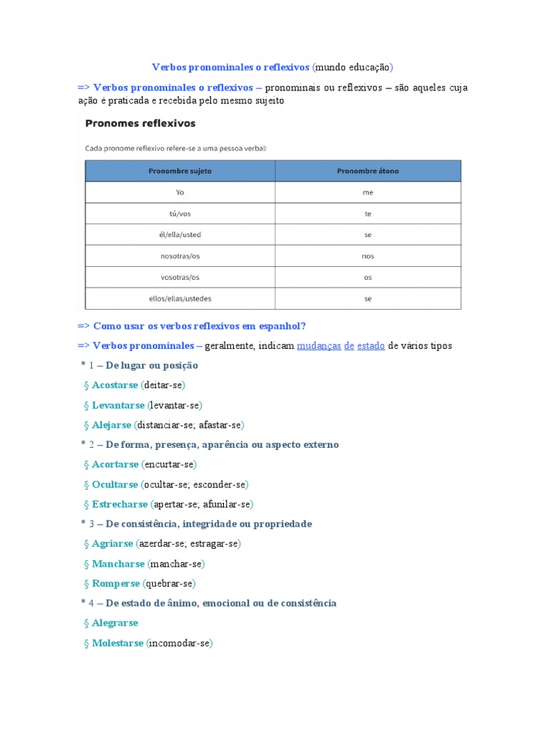 Verbos Pronominales o Reflexivos (Mundo Educação) | PDF | Famílias ...