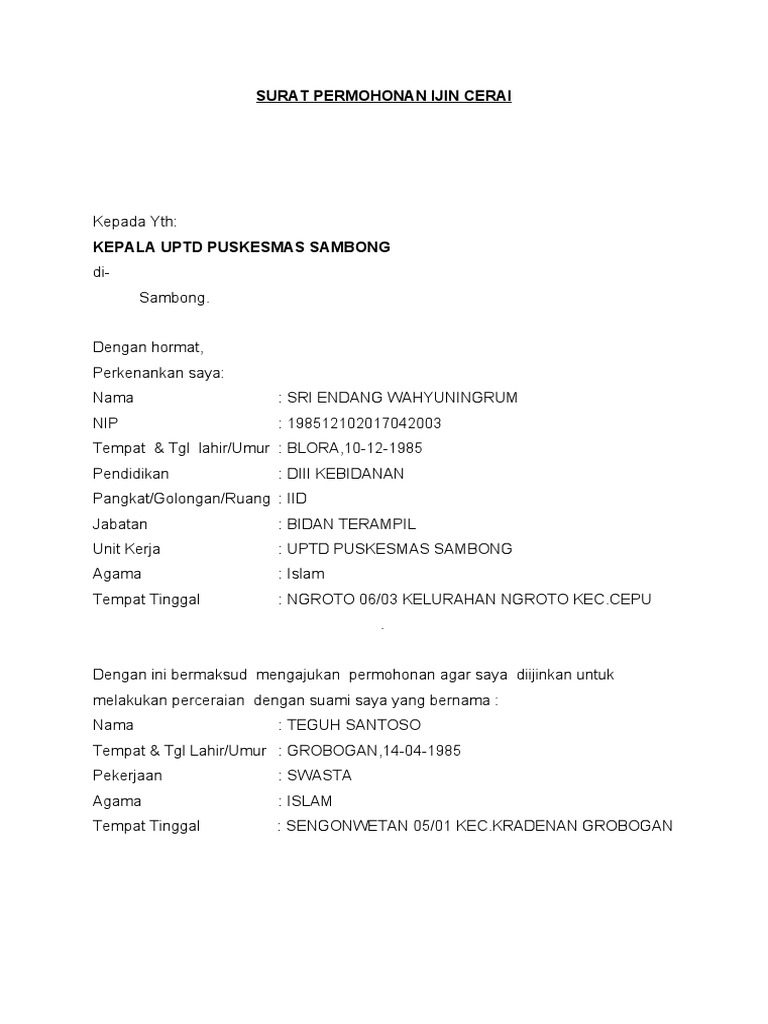 Surat Permohonan Ijin Cerai 3 | PDF | Kesehatan Holistik