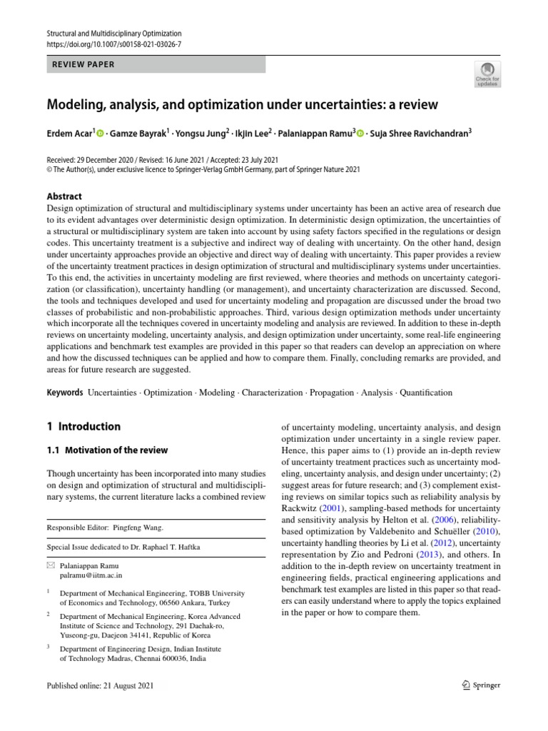 Modeling Analysis and Optimization Under Uncertainty A Review | PDF ...
