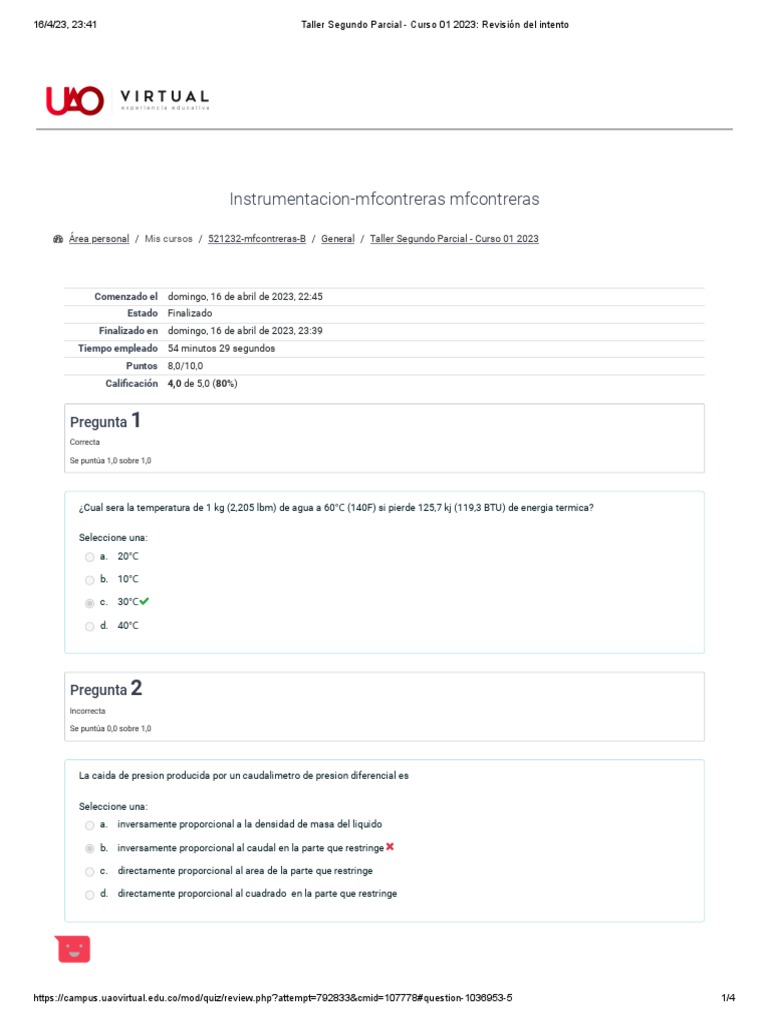 Taller Segundo Parcial - Curso 01 2023 - Revisión Del Intento | PDF | Par termoeléctrico ...