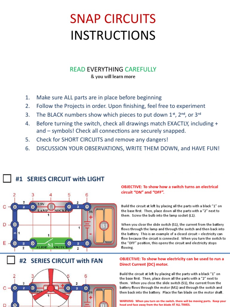 SNAP CIRCUITS Instruction Handout | PDF | Electric Motor | Switch