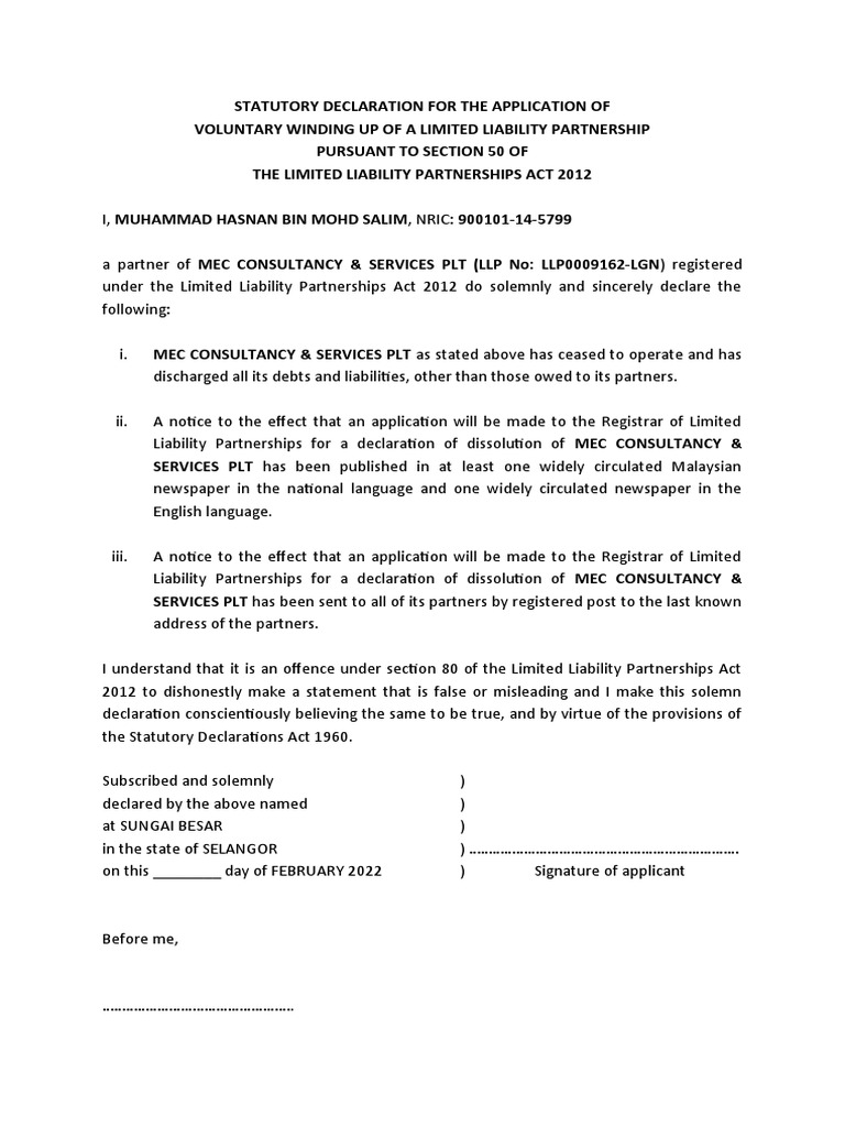 Statutory Declaration for LLP Winding Up | PDF | Business | Finance ...