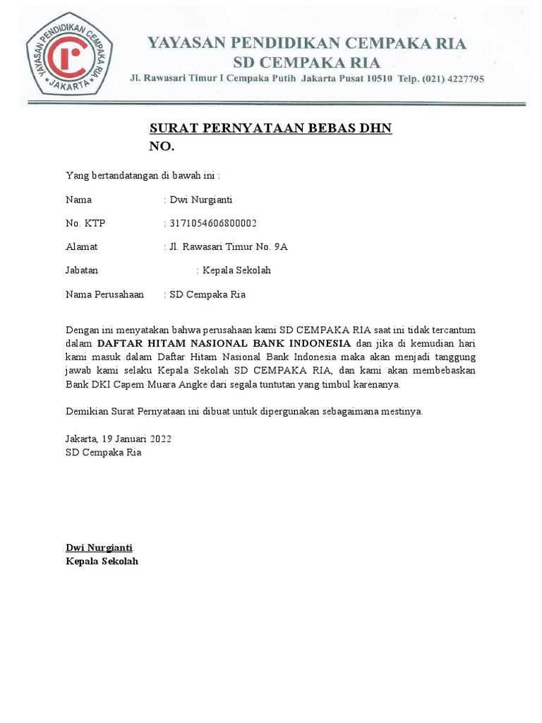 Surat Pernyataan Bebas DHN | PDF