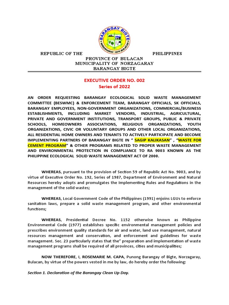 Executive Order No 2022-002 Solid Waste | PDF | Waste Management ...