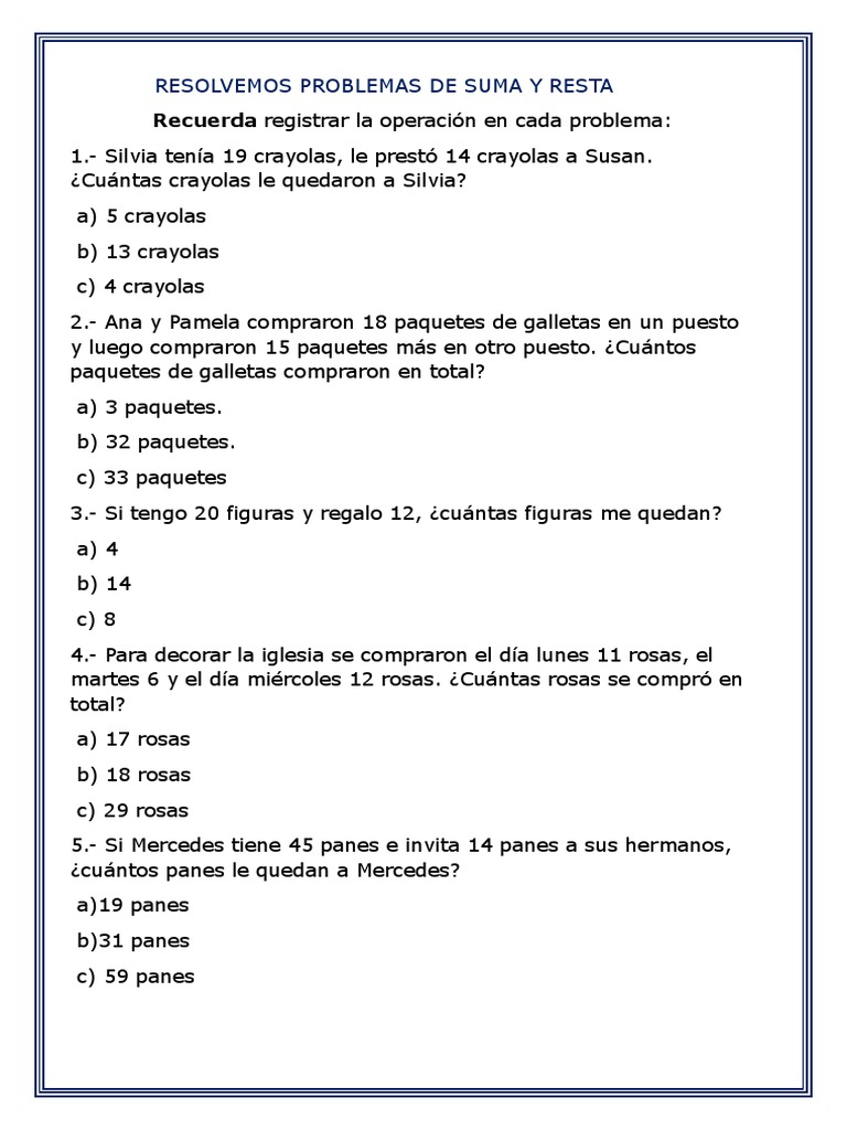 Problemas De Suma Y Resta Imprimibles Cuaderno Ejercicios Variados De
