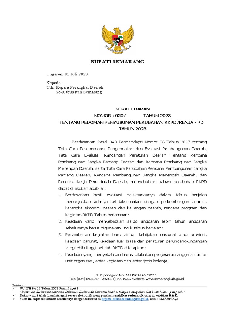 Surat Edaran Pedoman Penyusunan Perubahan RKPD Renja 2023 - Rev030723 | PDF