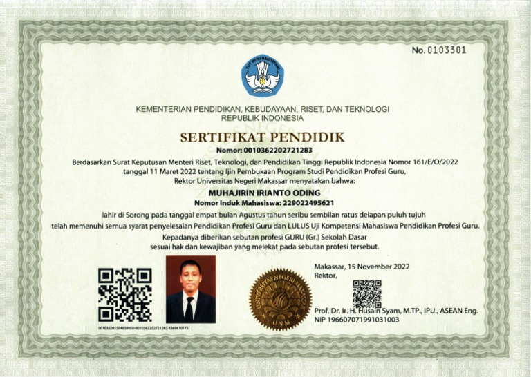 Sertifikat Pendidik: Muhajirin Irianto Oding | PDF