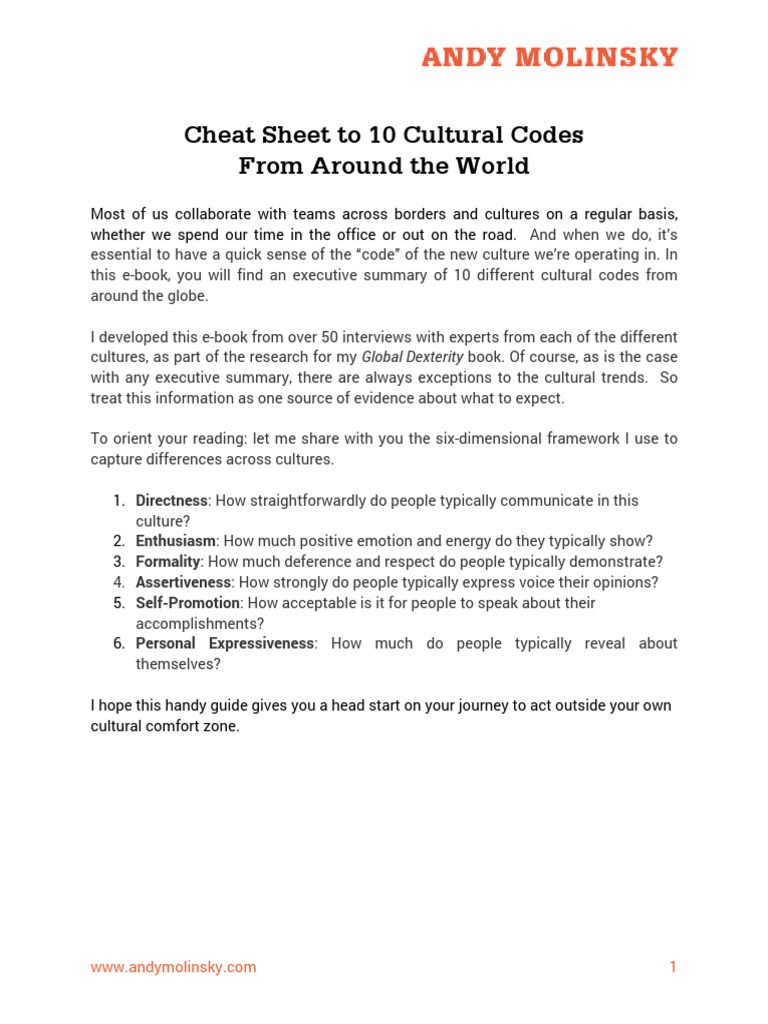 Cheat Sheet To 10 Cultural Codes From Around The World | PDF | Communication | Hierarchy
