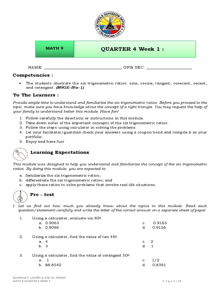 Math 9 Q4 Week 1 | PDF | Trigonometric Functions | Trigonometry