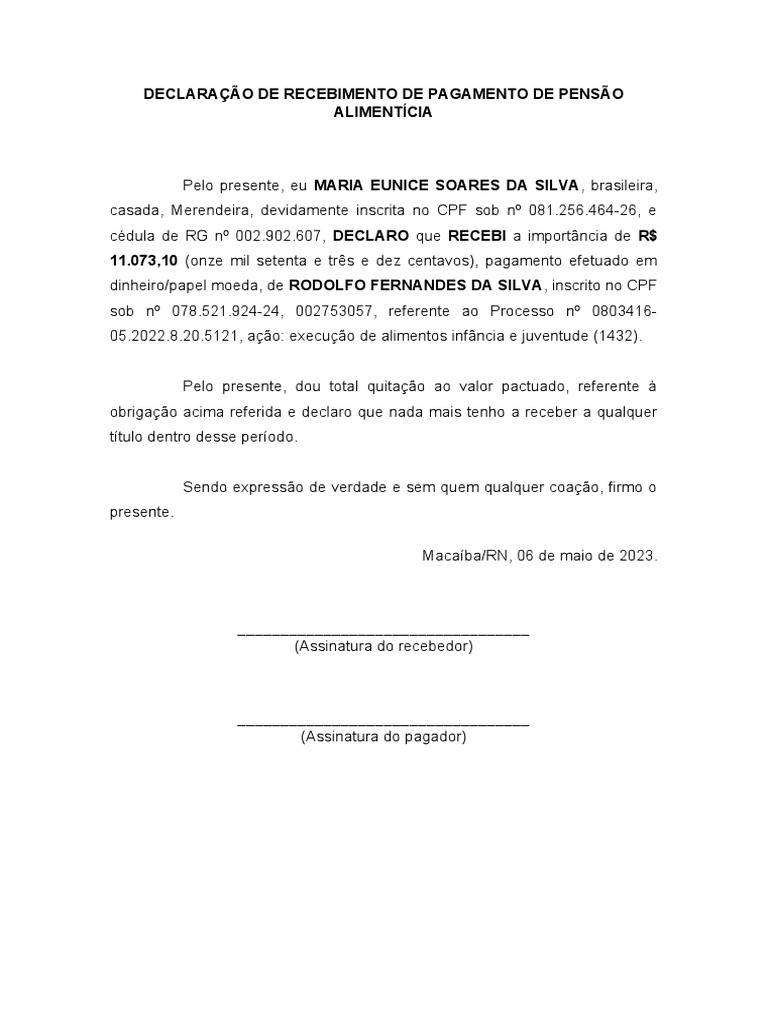 DECLARAÇÃO DE RECEBIMENTO DE PAGAMENTO DE PENSÃO ALIMENTÍCIA-1 | PDF