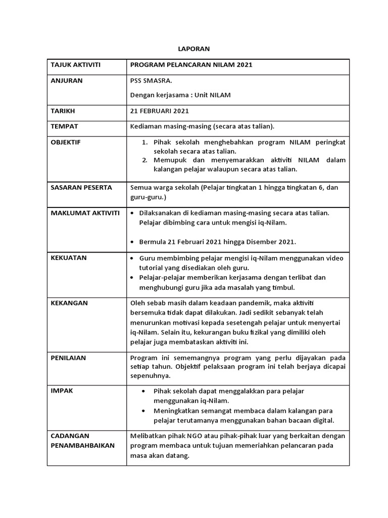 Laporan Pelancaran Nilam 2021 Pdf
