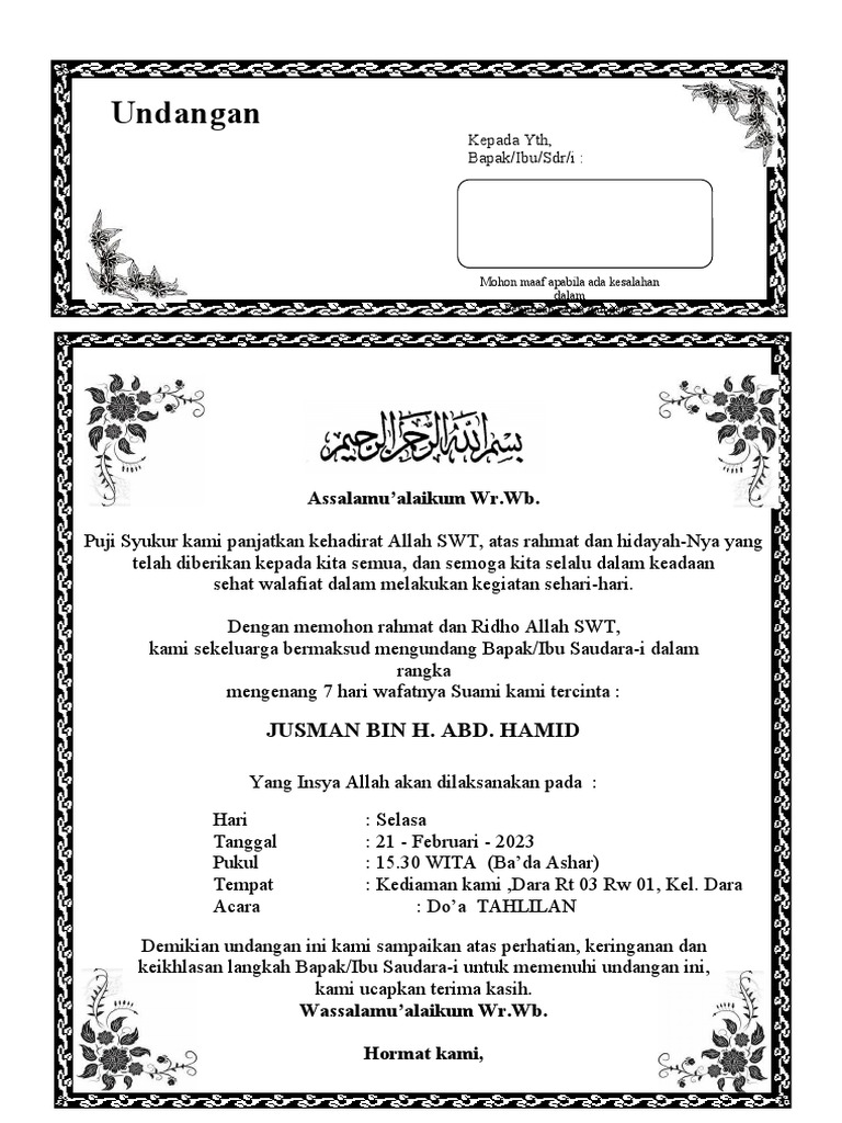 Contoh Surat Undangan Tahlil 40, 100, 1000 Hari (Haul) | PDF