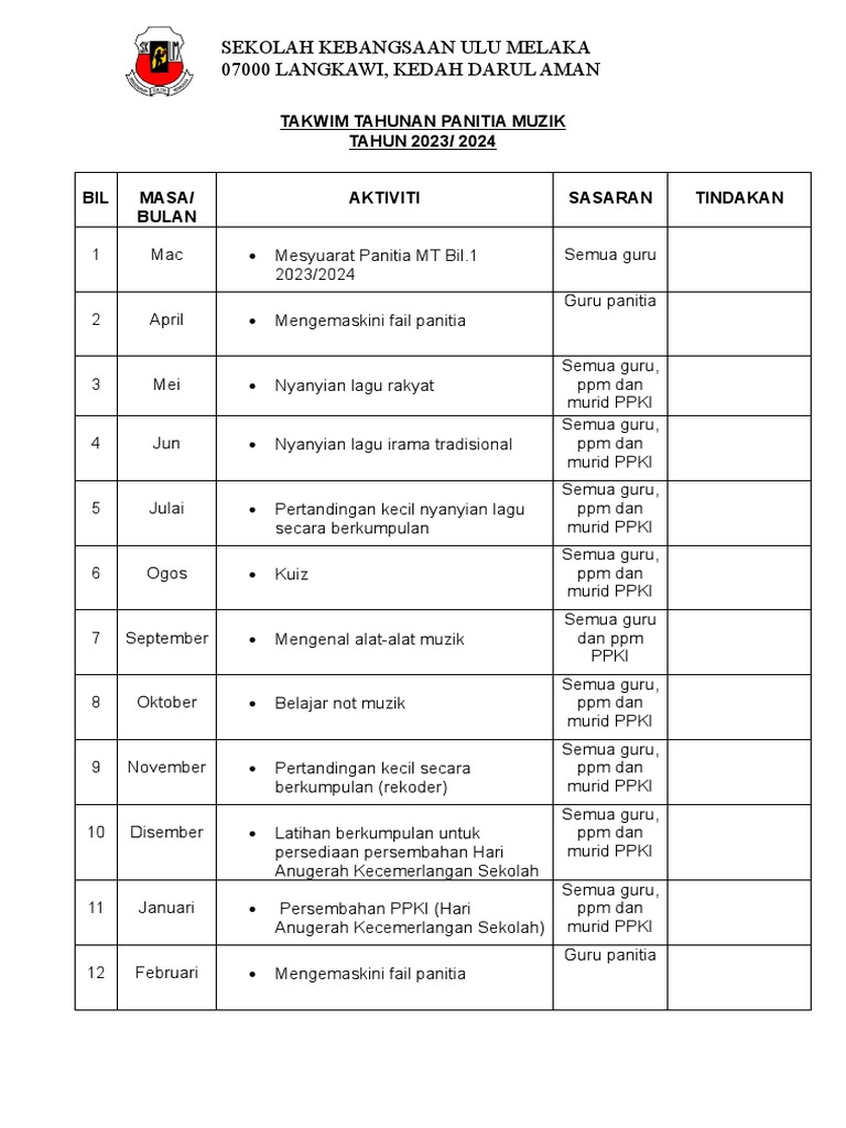 Takwim Tahunan Panitia Muzik | PDF