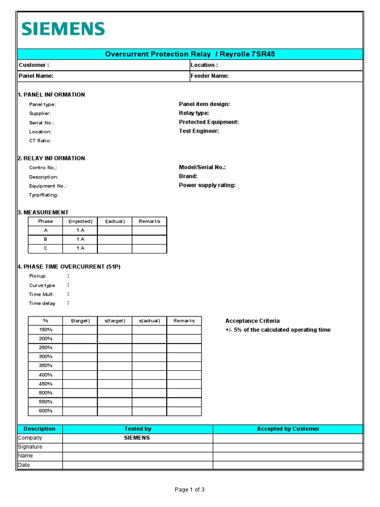 Siemens 7SR45 Test Forms | PDF | Electrical Engineering