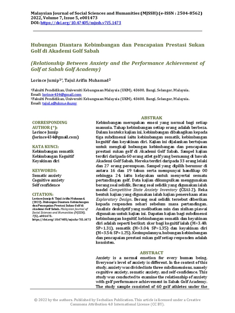 Hubungan Diantara Kebimbangan Dan Pencapaian Prestasi Sukan Golf Di Akademi Golf Sabah | PDF