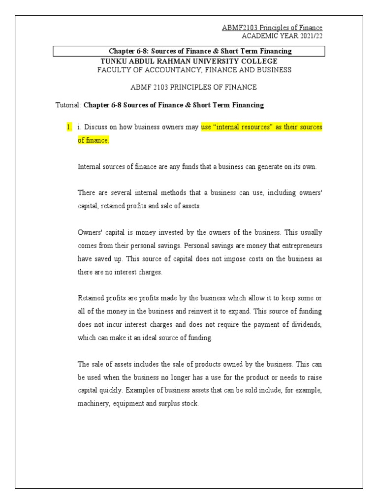 Chapter 6 8 Sources Of Finance Short Term Finance PDF Loans Debt