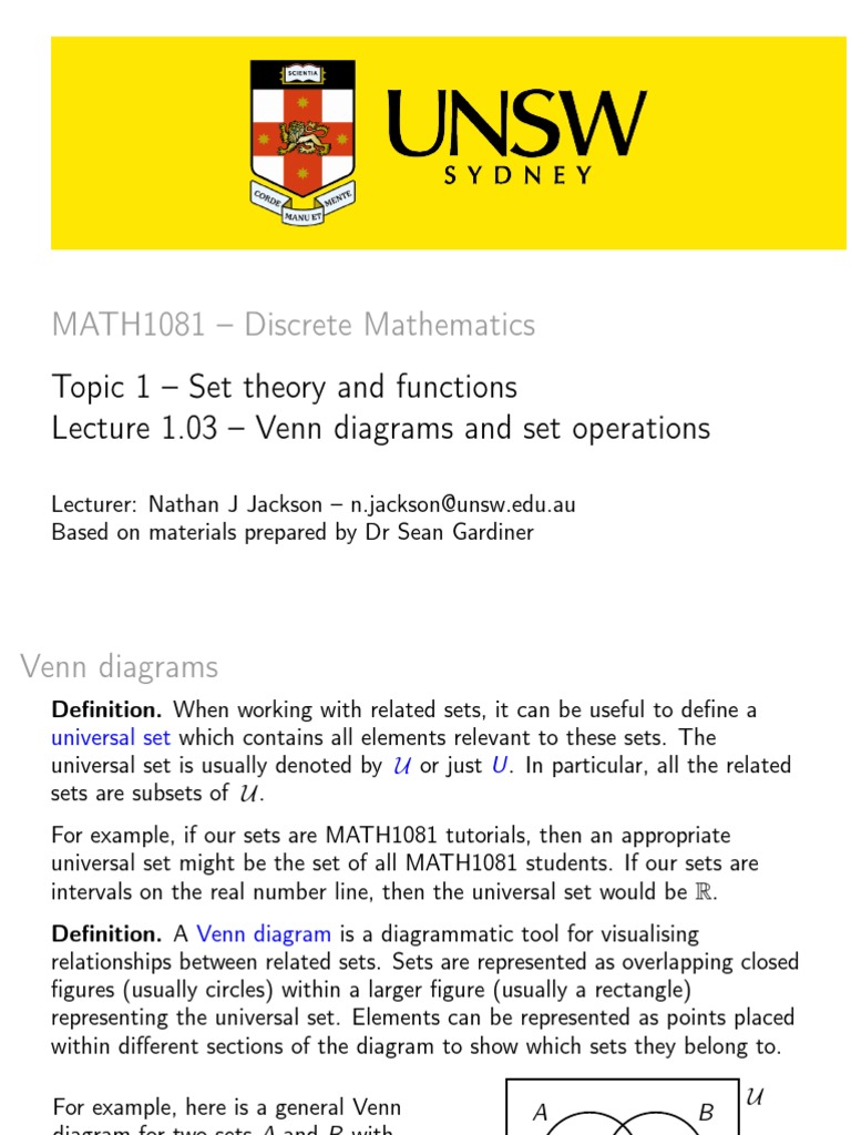 Lecture 1.03 - Venn Diagrams and Set Operations | PDF | Set (Mathematics) | Mathematical Concepts