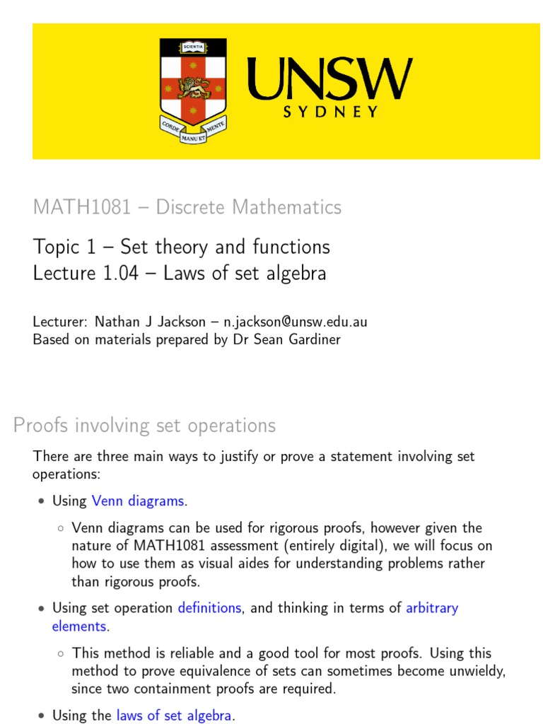 Lecture 1.04 - Laws of Set Algebra | PDF | Set (Mathematics) | Mathematical Proof