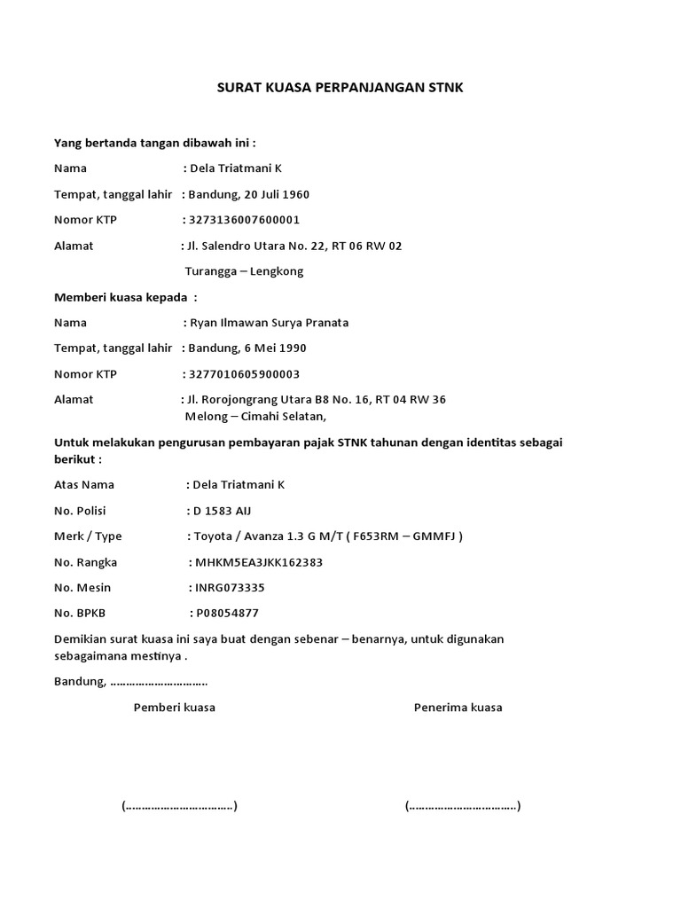 Surat Kuasa Perpanjangan STNK | PDF