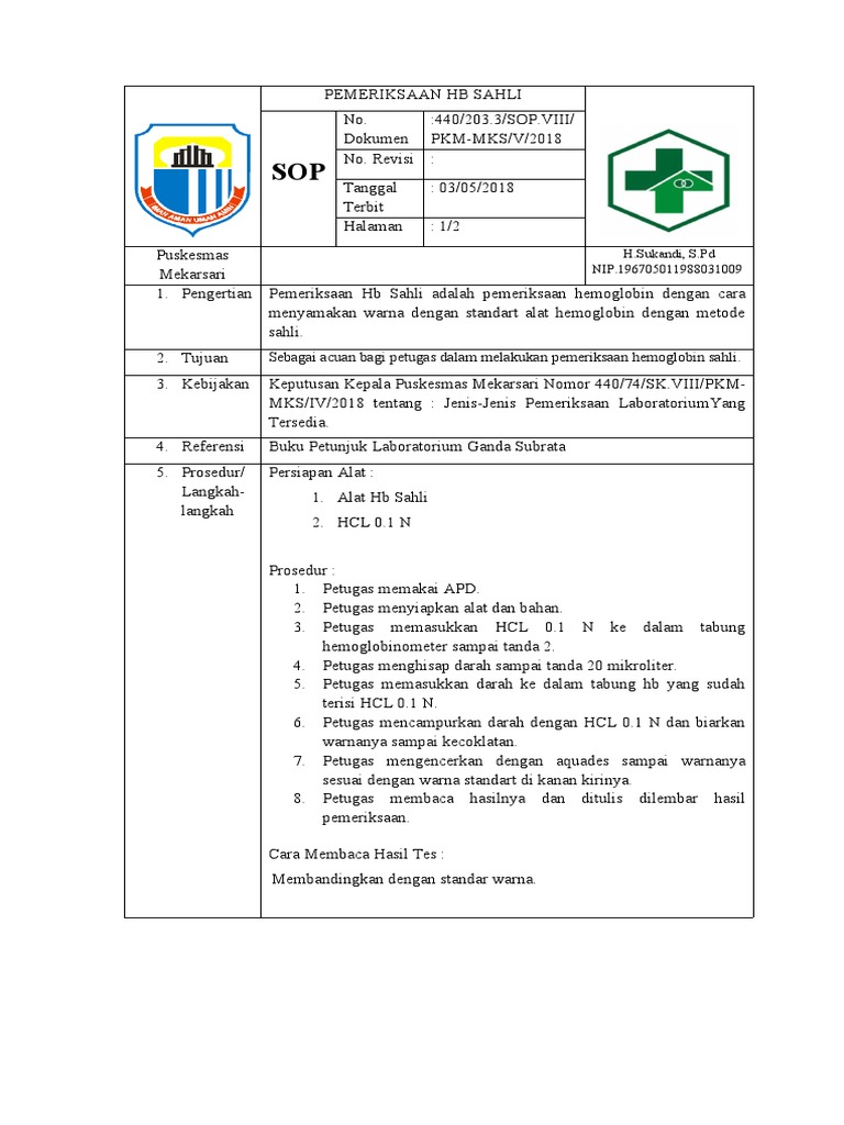 Sop Pemeriksaan HB Sahli | PDF