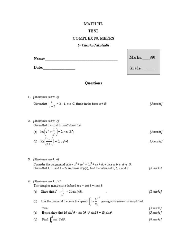 TEST 3. Complex Numbers (2015A) | PDF | Complex Number | Complex Analysis