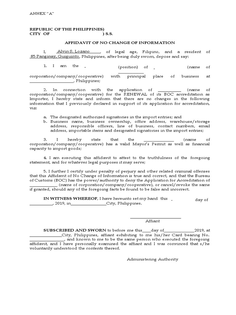BOC - Affidavit of No Change of Information (As of 20apr2020) | PDF ...