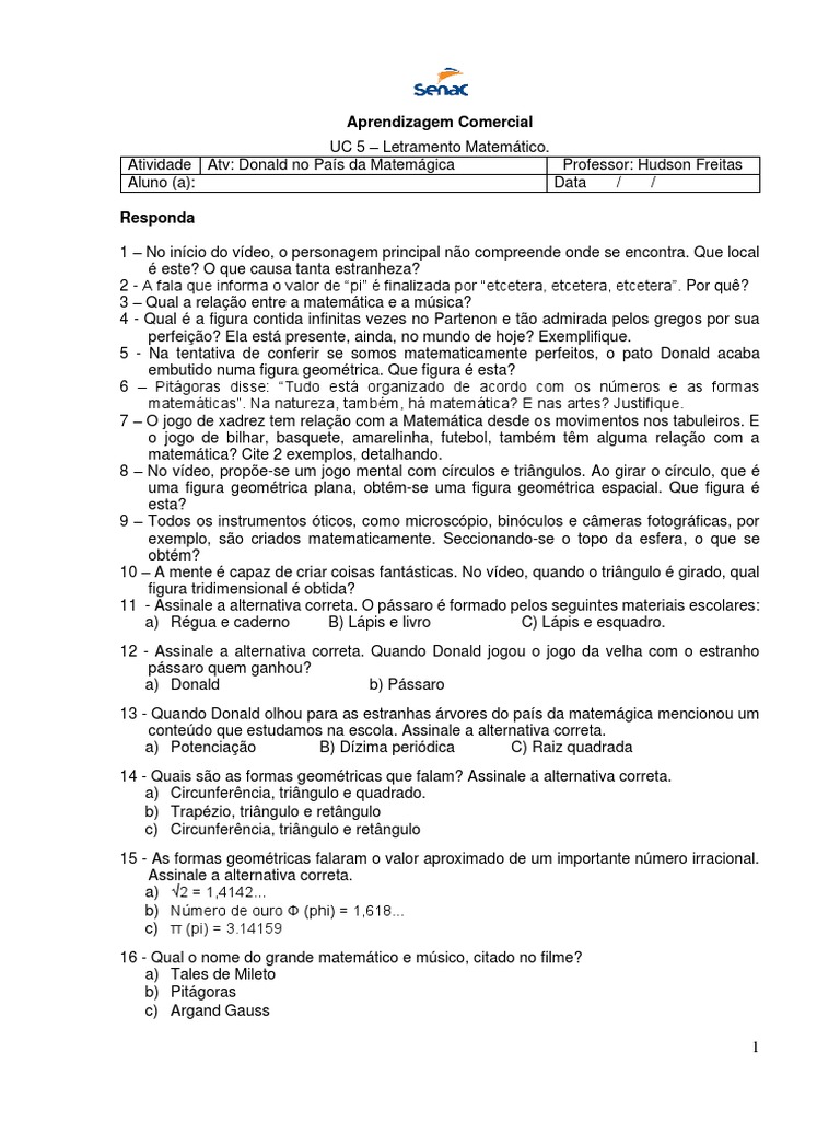 Atividade Donald No País Da Matemágica | PDF | Matemática