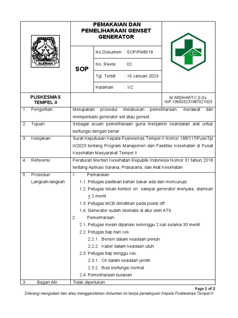 18.SOP Pemakaian Dan Pemeliharaan Genset | PDF