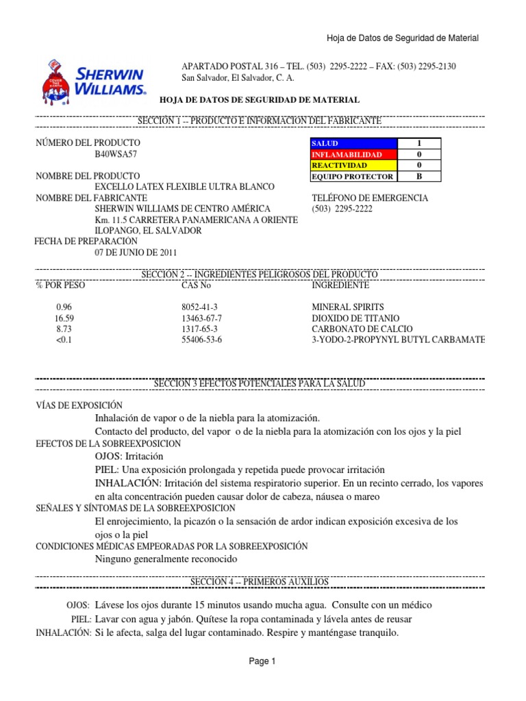 Hoja de Seguridad Esmalte Sherwin-Williams | PDF | Agua | Ventilación ...