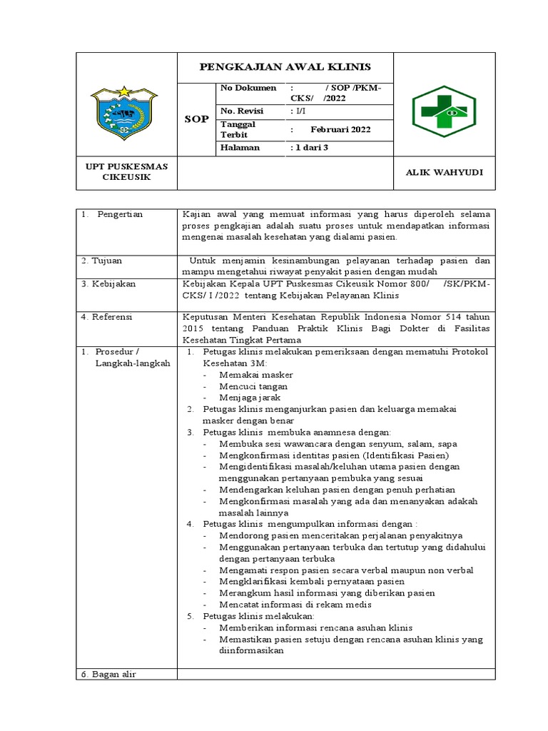 a.R.2.SOP BARU PENGKAJIAN AWAL KLINIS | PDF | Pengembangan Diri | Sains & Matematika