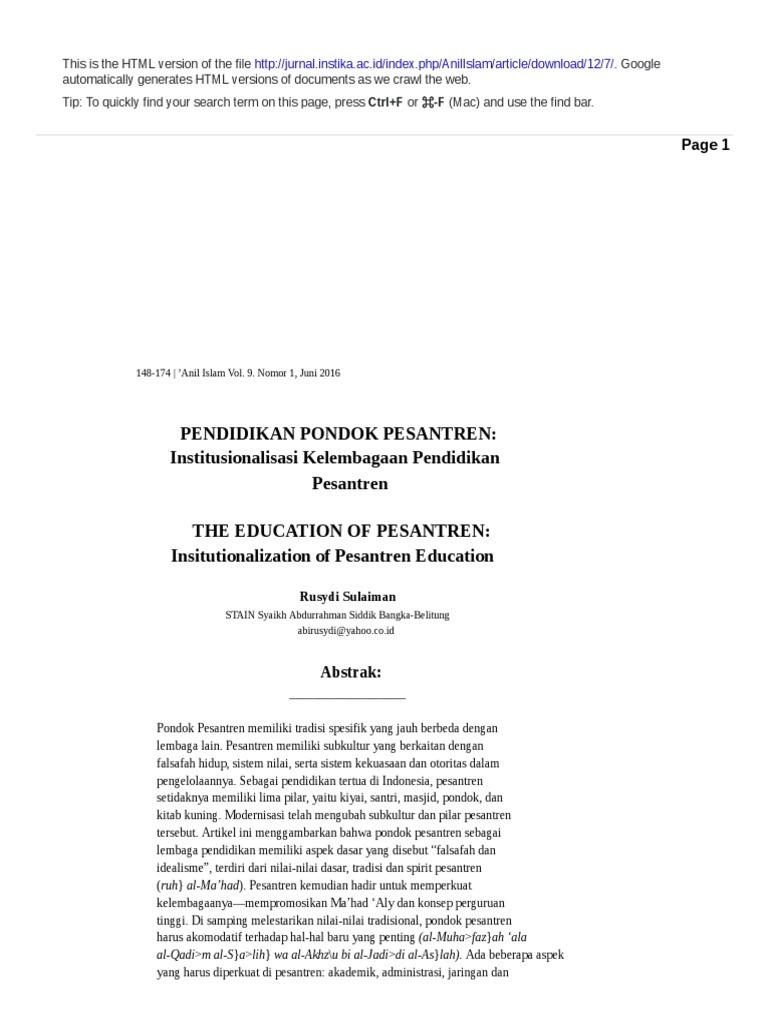 PENDIDIKAN PONDOK PESANTREN - Institusionalisasi Kelembagaan Pendidikan ...