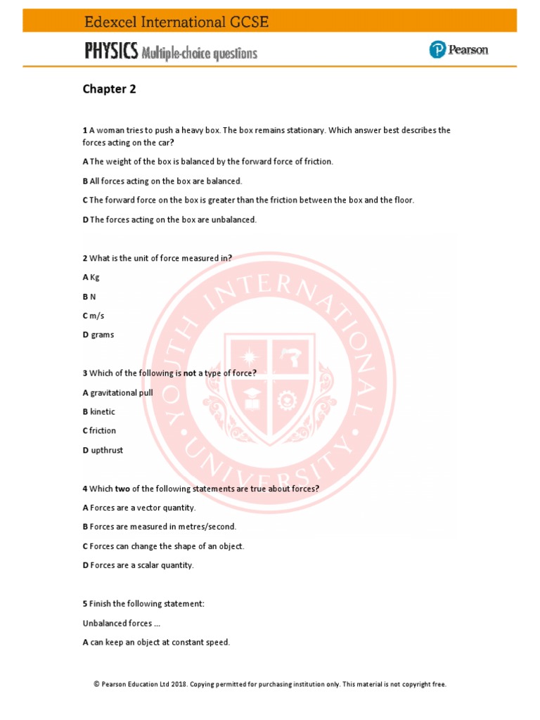 Igcse Physics Mcq 2 Forces And Shape Pdf Force Friction