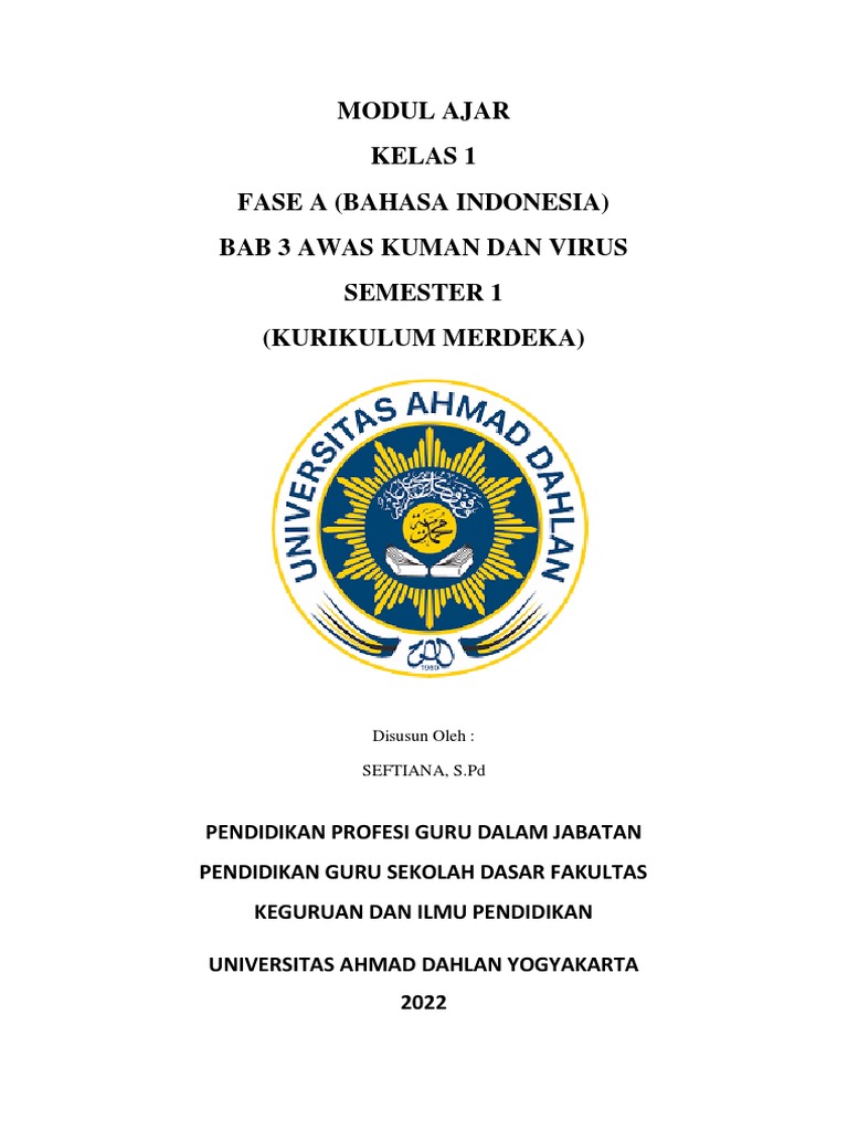 Modul Ajar Kelas 1 Fase A (Bahasa Indonesia) Bab 3 Awas Kuman Dan Virus Semester 1 (Kurikulum ...