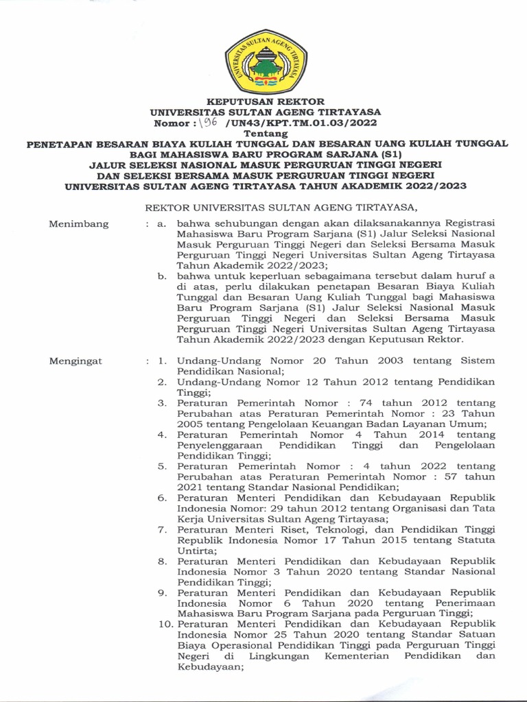 SK Penetapan Besaran BKT Dan Ukt BG MHW Baru Jalur SNMPTN Dan SBMPTN Untirta T.A. 2022 2023 | PDF