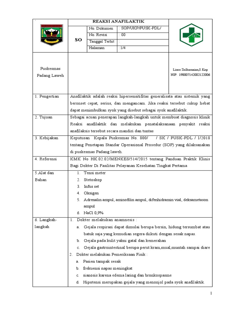 Sop Reaksi Anafilaktik | PDF