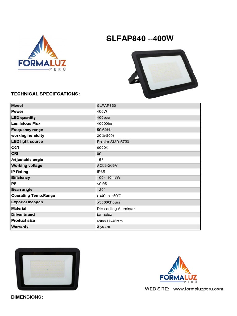 Ficha Reflector Led 400 W | PDF