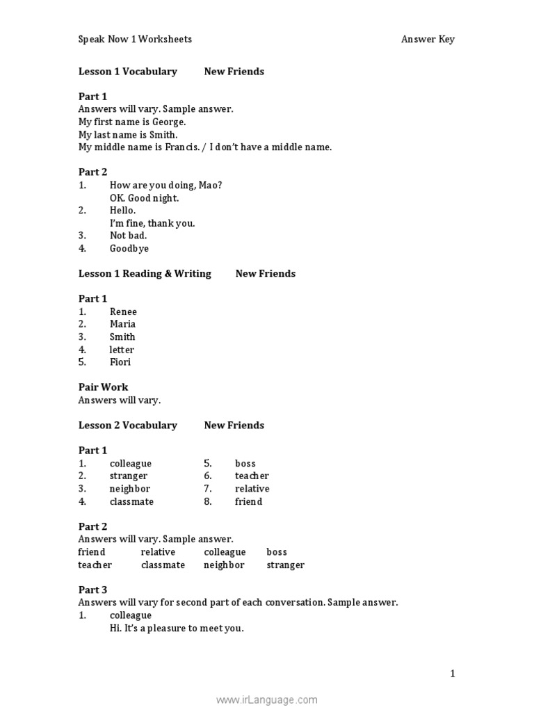 Speak Now 1 Answer Key Worksheets | PDF | Lunch | Foods
