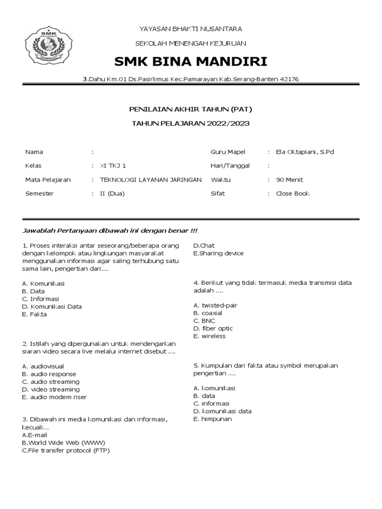 Soal Pat TLJ Kelas Xi | PDF
