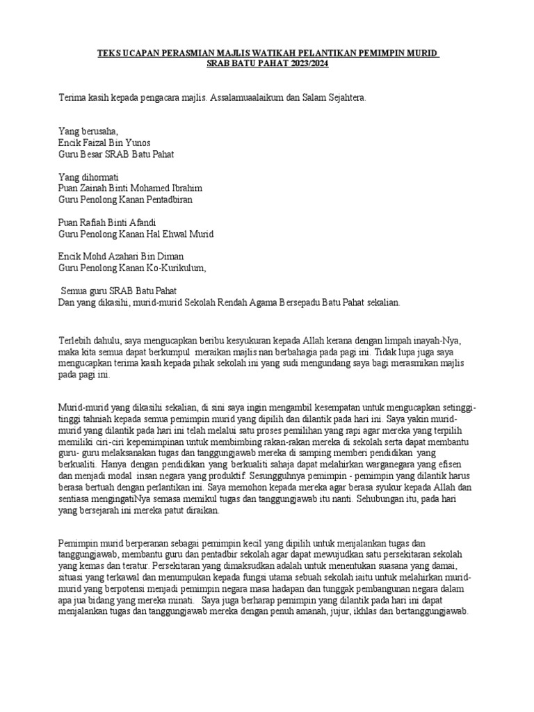 Teks Ucapan Perasmian Majlis Watikah Pelantikan Pemimpin Murid Srab BP 23.24 | PDF