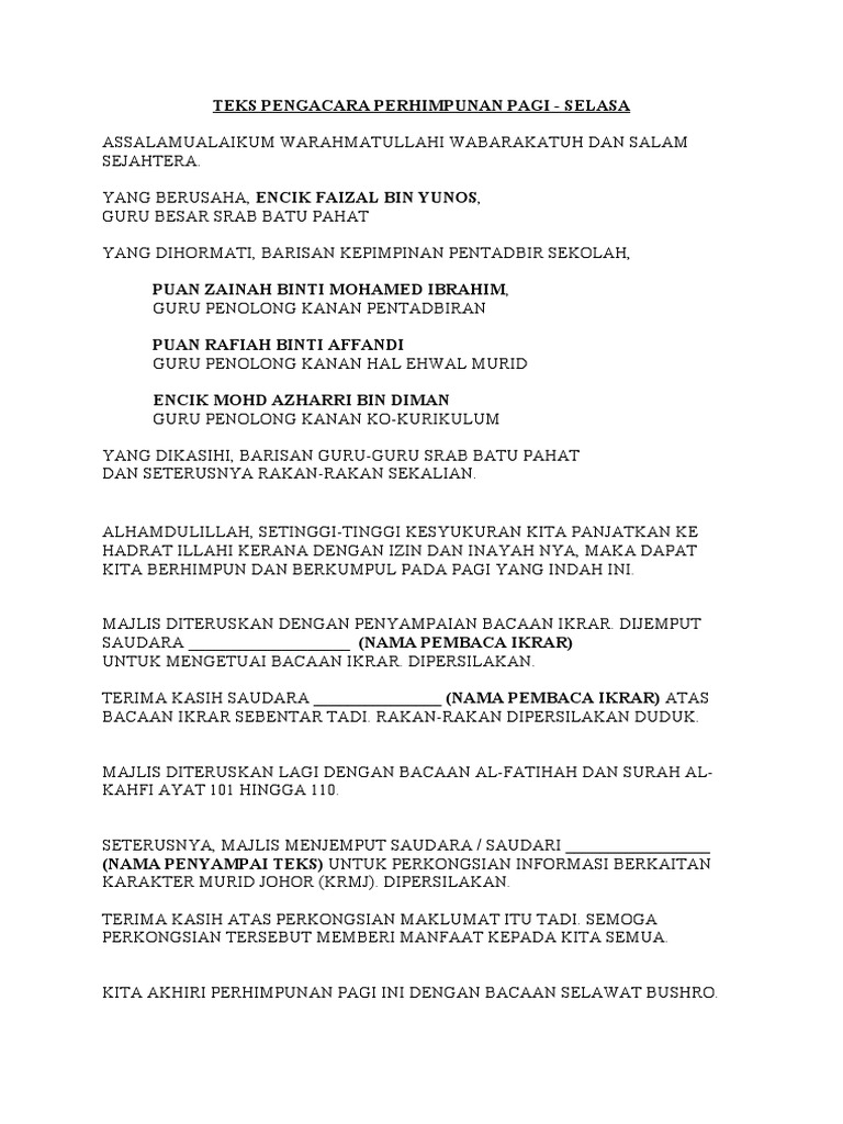 Teks Pengacara Perhimpunan Pagi - Selasa | PDF